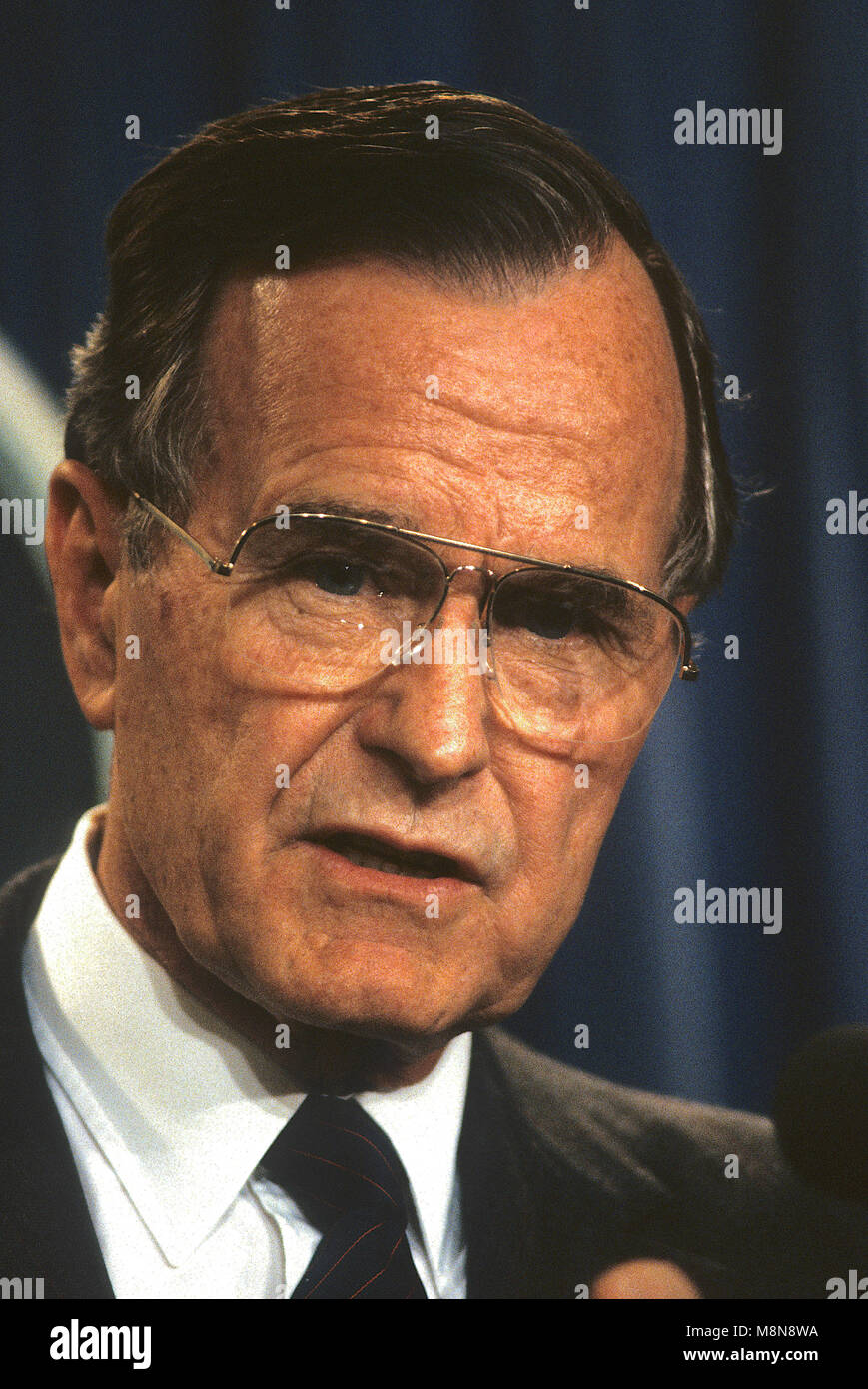 Washington DC., USA, 1989 President George H.W. Bush at microphone ...