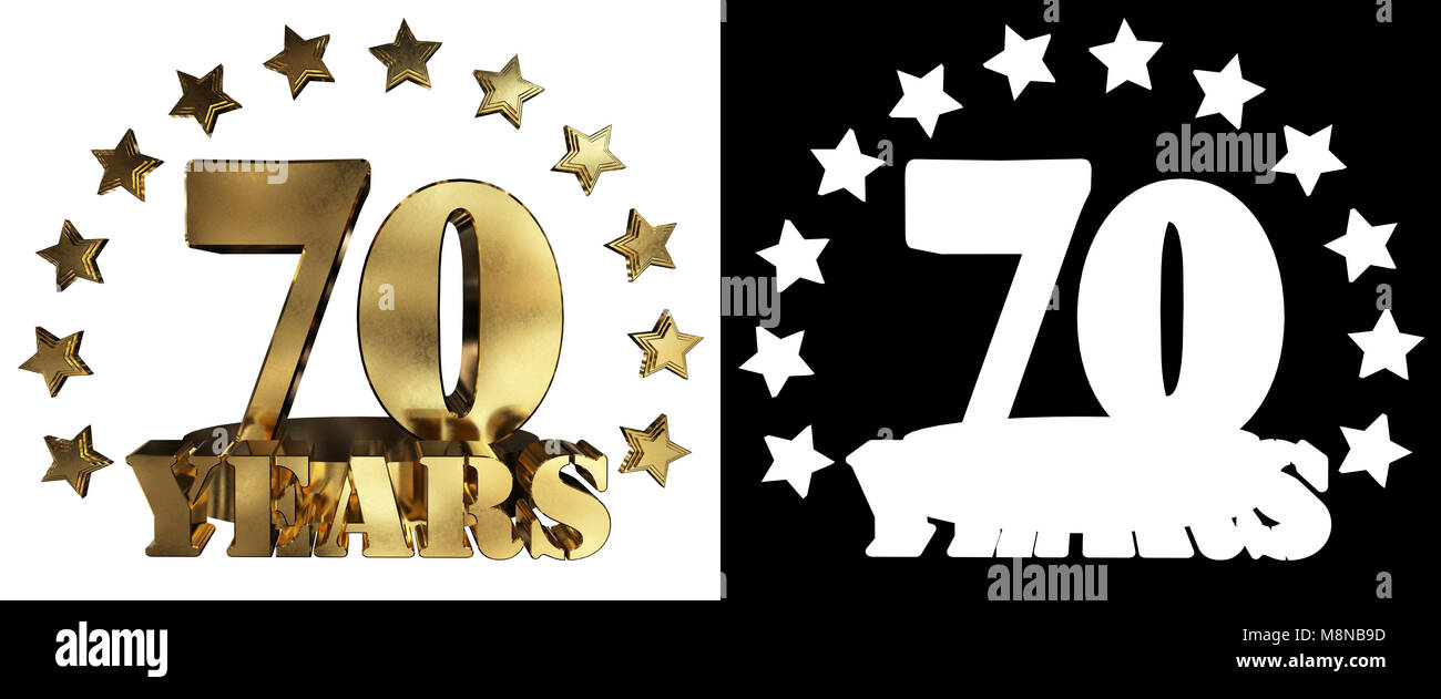 Golden digit seventy and the word of the year, decorated with stars. 3D ...