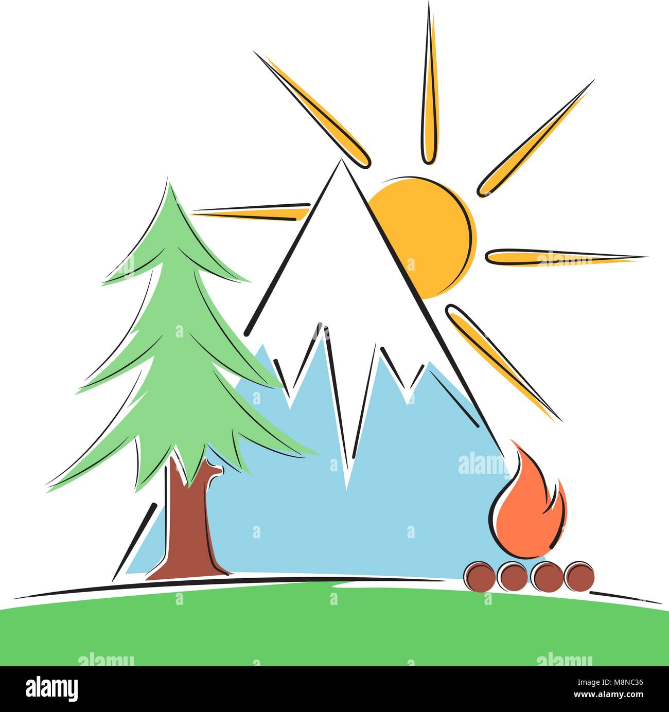 Cartoon paper landscape. Tree, mountain, fire illustration Stock Vector ...