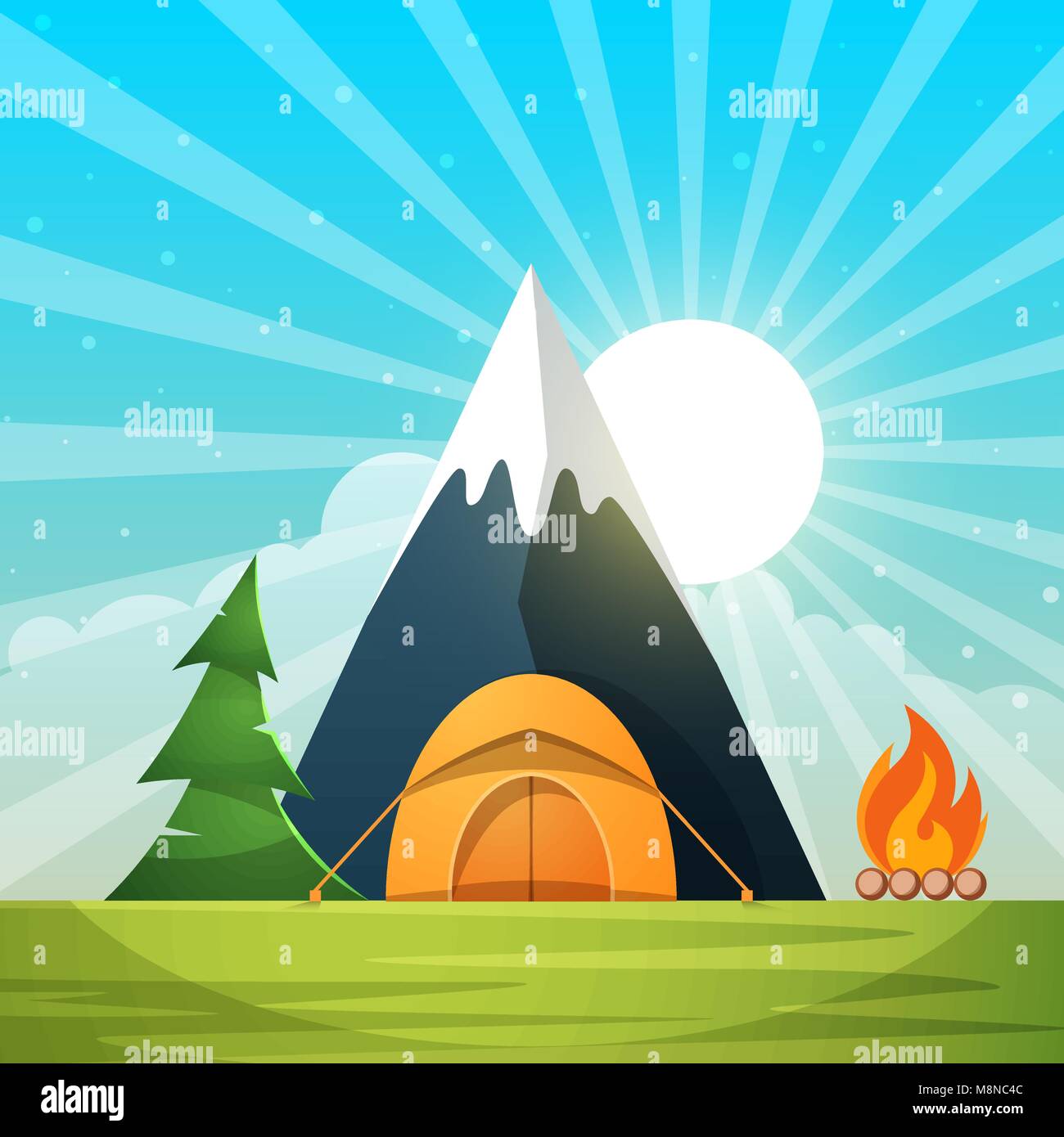 Cartoon paper landscape. Tree, mountain, fire, tent, moon, cloud, star ...