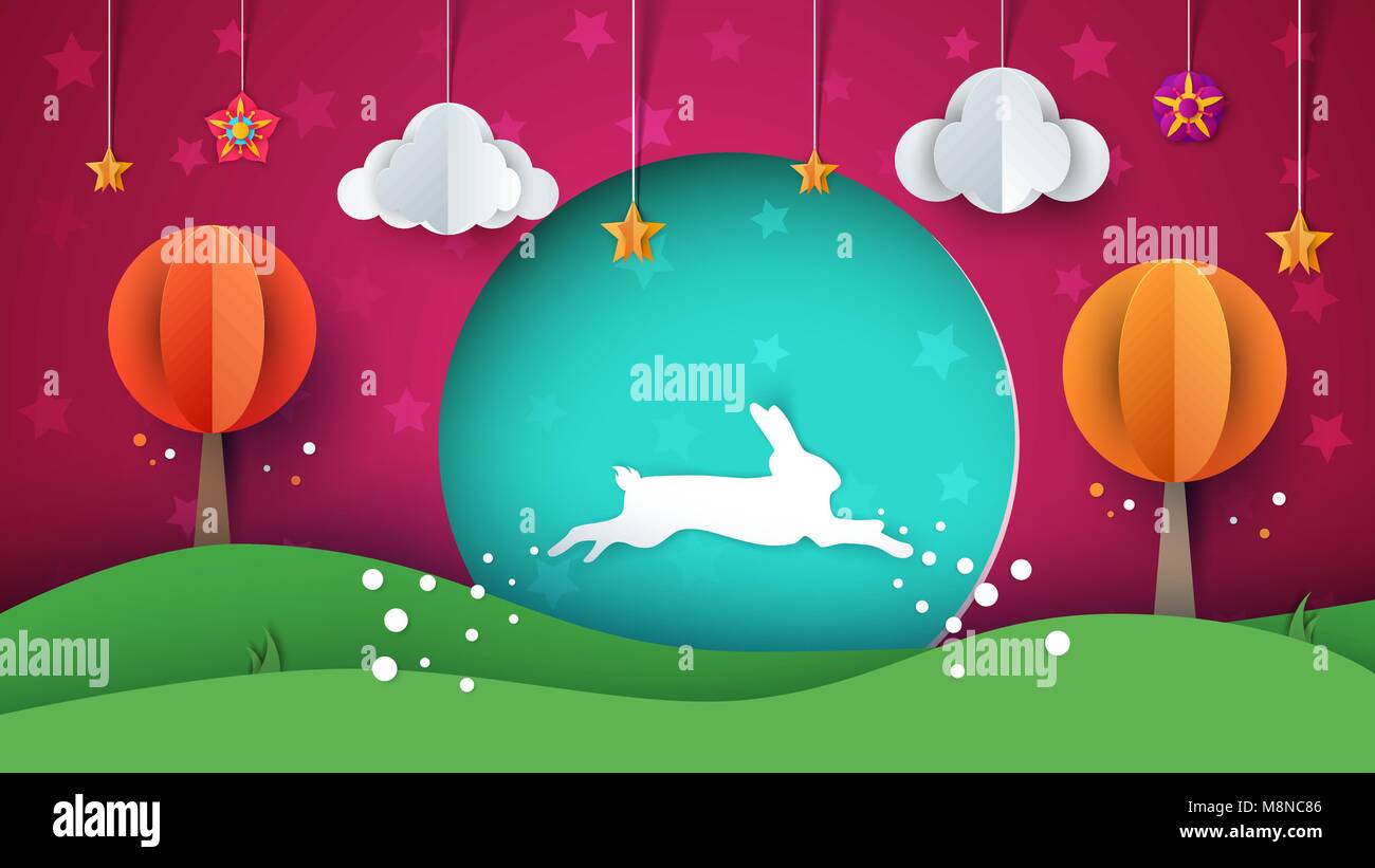Rabbit illustration. Cartoon paper landscape Stock Vector Image & Art ...