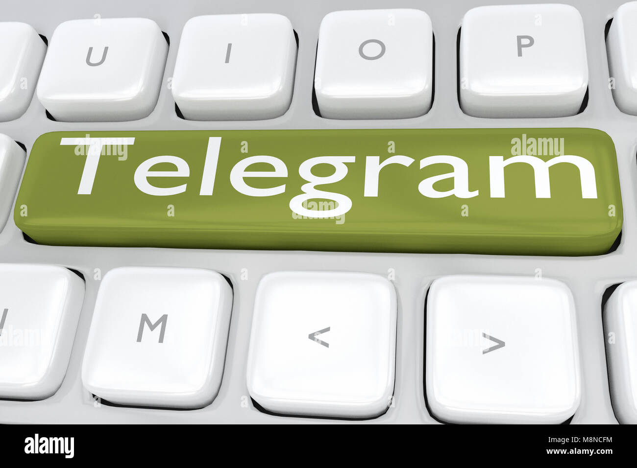3D illustration of computer keyboard with the print Telegram on a green ...