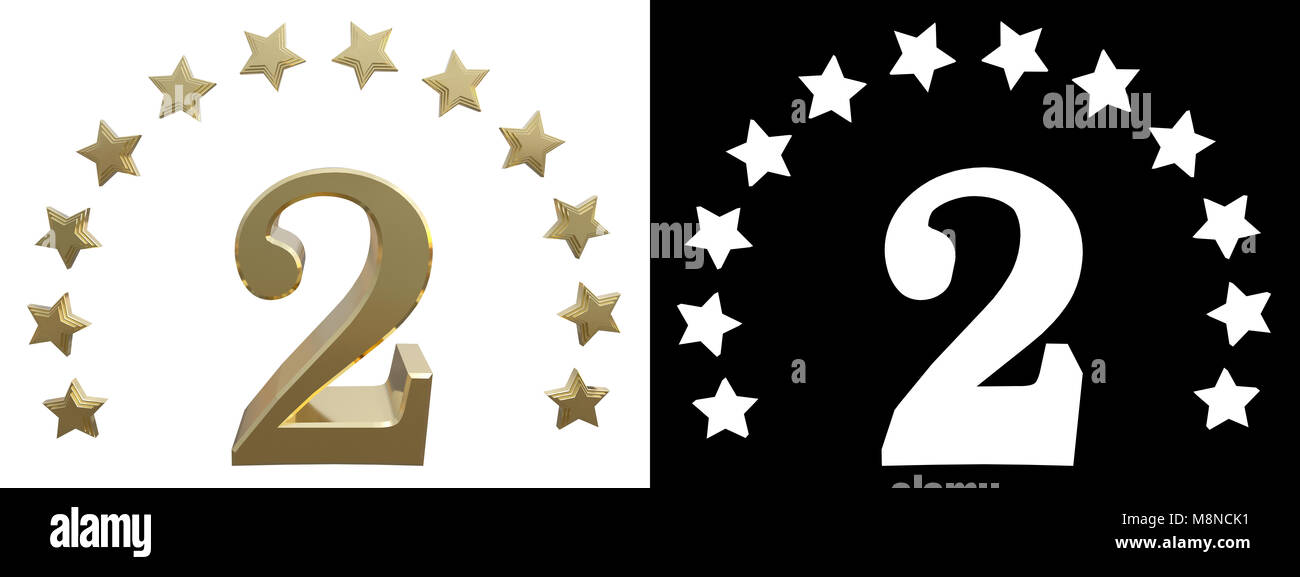 Gold number two, decorated with a circle of stars. 3D illustration ...