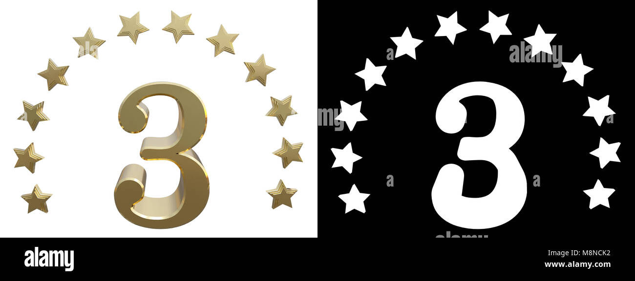 Gold number three, decorated with a circle of stars. 3D illustration ...