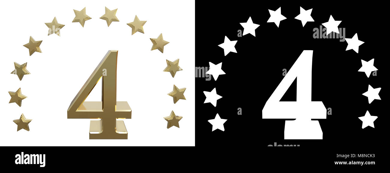 Gold number four, decorated with a circle of stars. 3D illustration ...