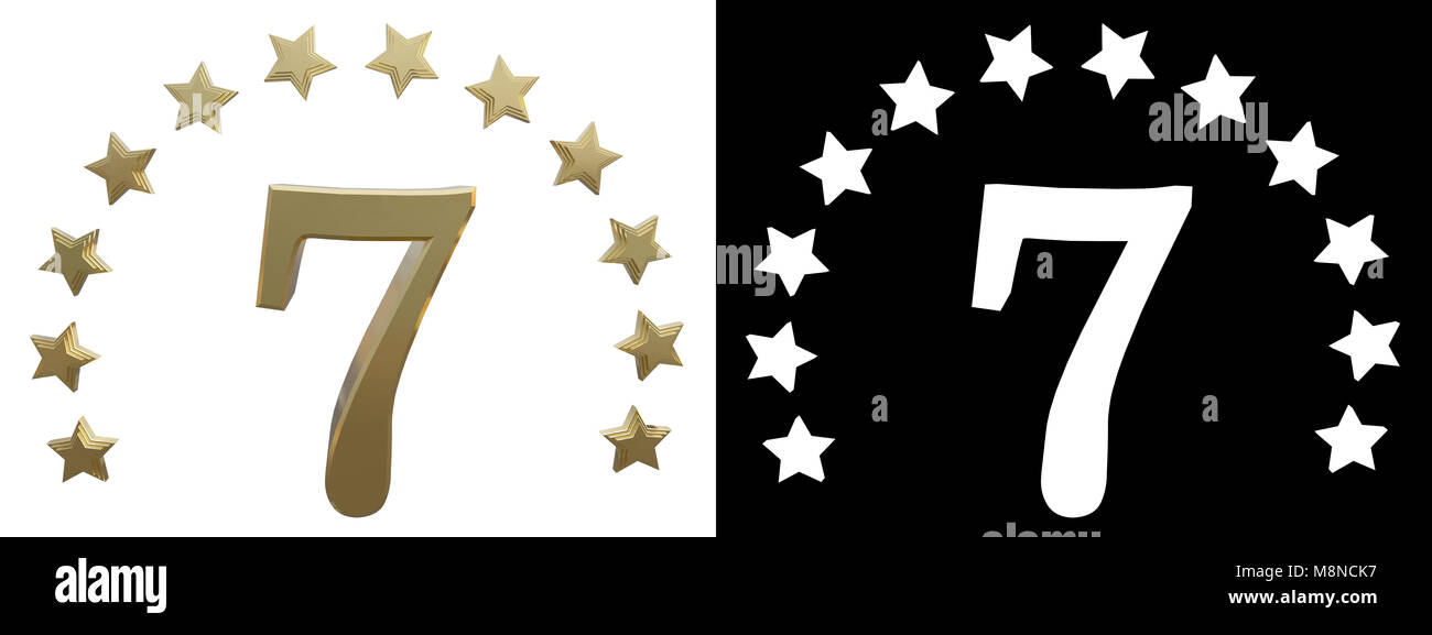 Gold number seven, decorated with a circle of stars. 3D illustration ...