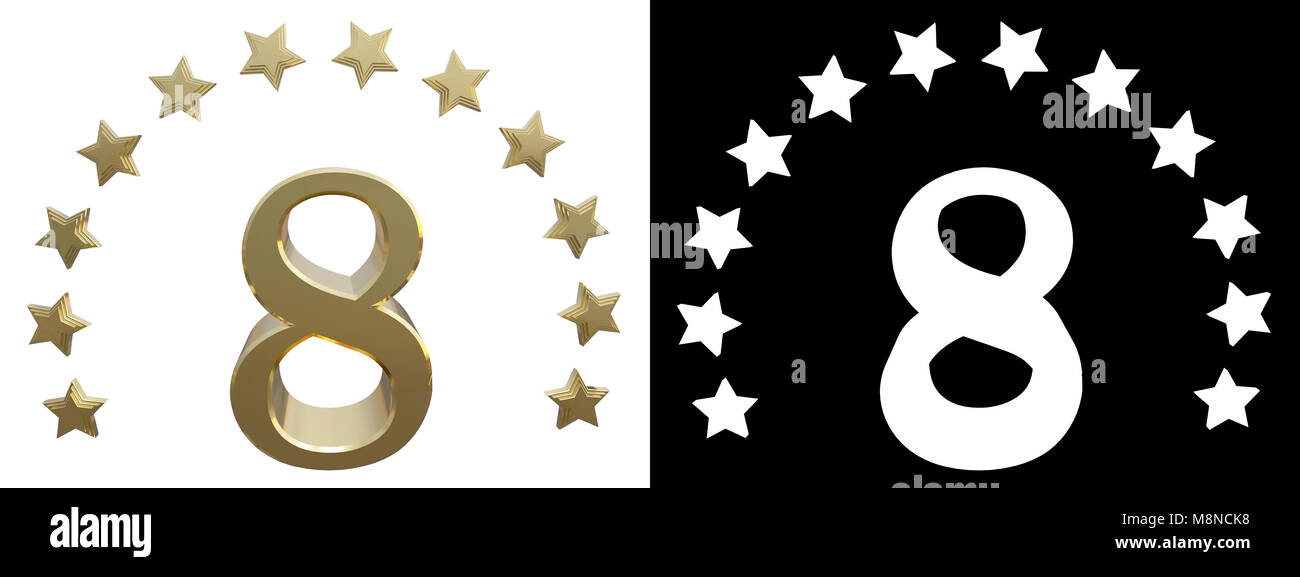 Gold number eight, decorated with a circle of stars. 3D illustration ...