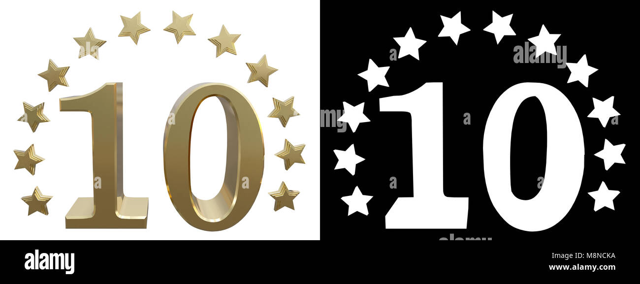 Gold number ten, decorated with a circle of stars. 3D illustration ...