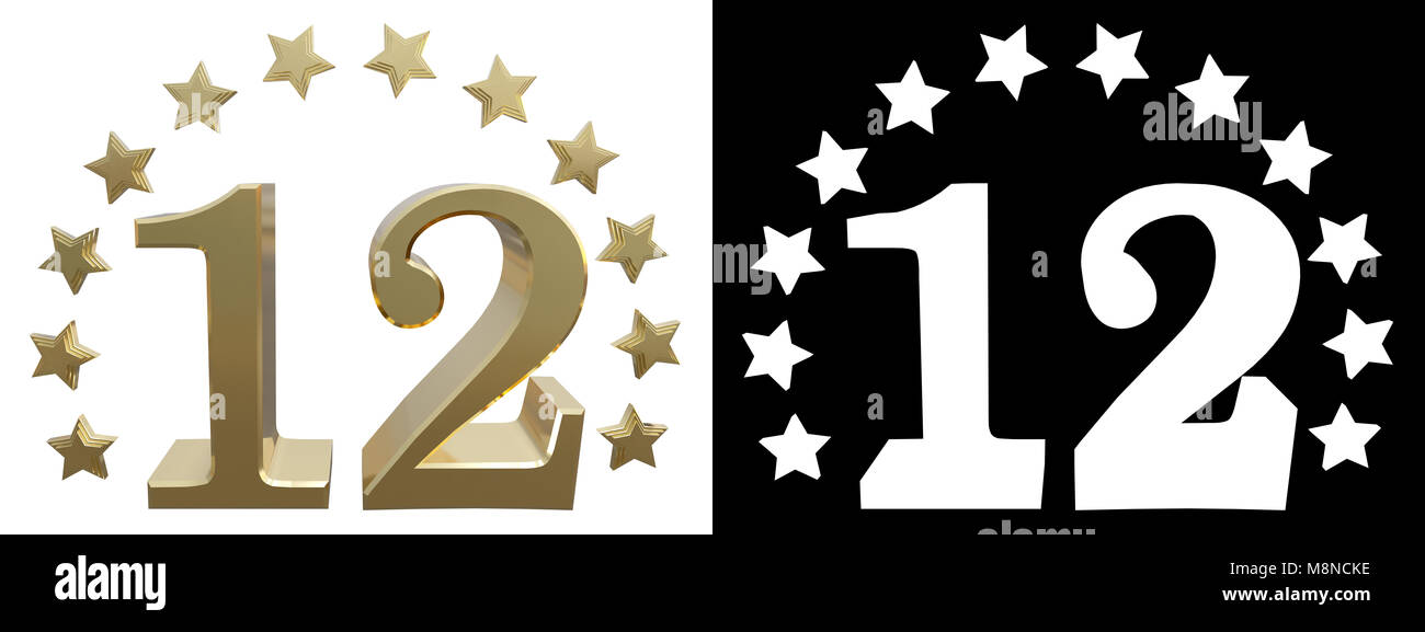 Gold number twelve, decorated with a circle of stars. 3D illustration ...