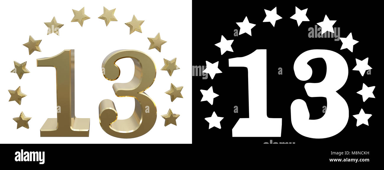 Gold number thirteen, decorated with a circle of stars. 3D illustration ...