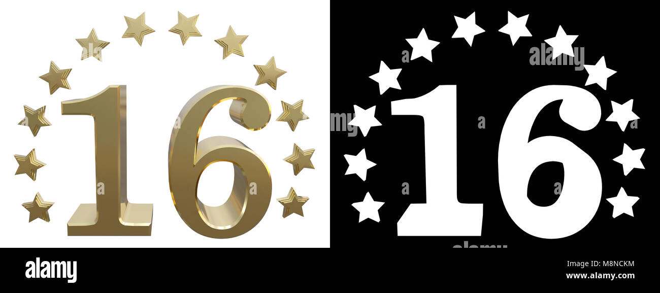 Gold number sixteen, decorated with a circle of stars. 3D illustration ...