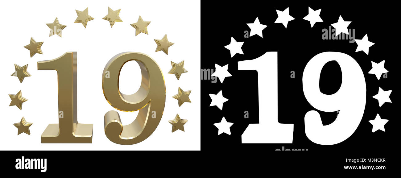 Gold number nineteen, decorated with a circle of stars. 3D illustration ...