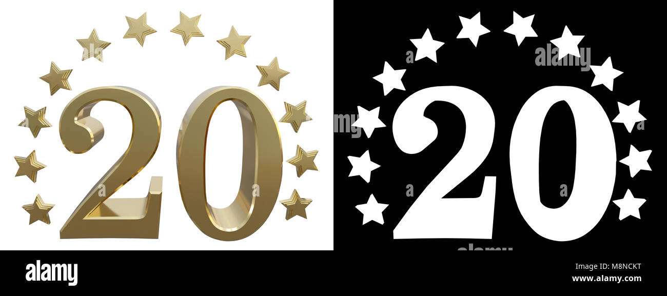 Gold number twenty, decorated with a circle of stars. 3D illustration ...