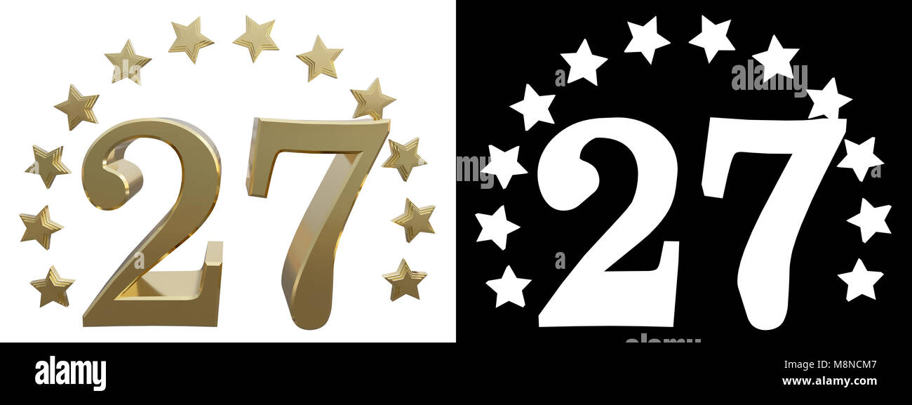 Gold number twenty seven, decorated with a circle of stars. 3D ...
