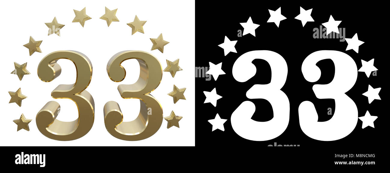 Gold number thirty three, decorated with a circle of stars. 3D ...