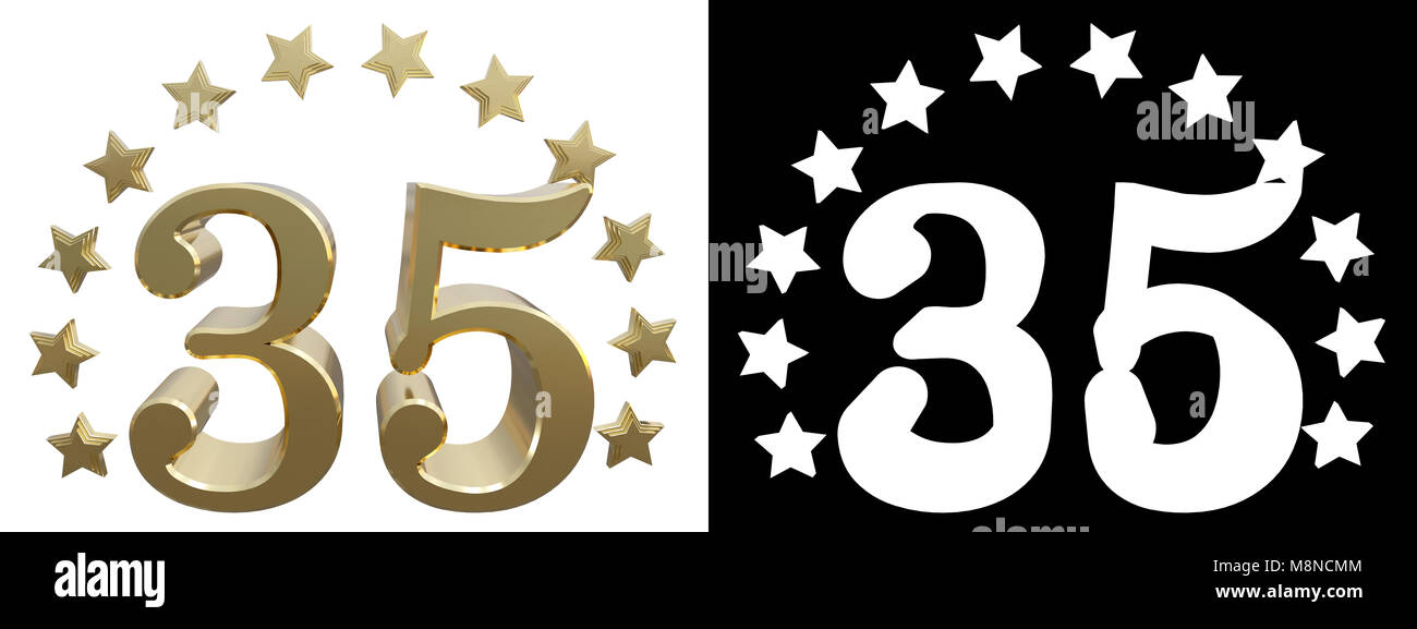 Gold number thirty five, decorated with a circle of stars. 3D ...