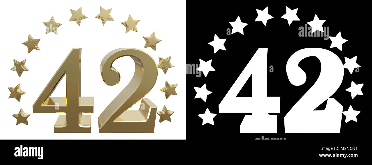 Gold number forty two, decorated with a circle of stars. 3D ...