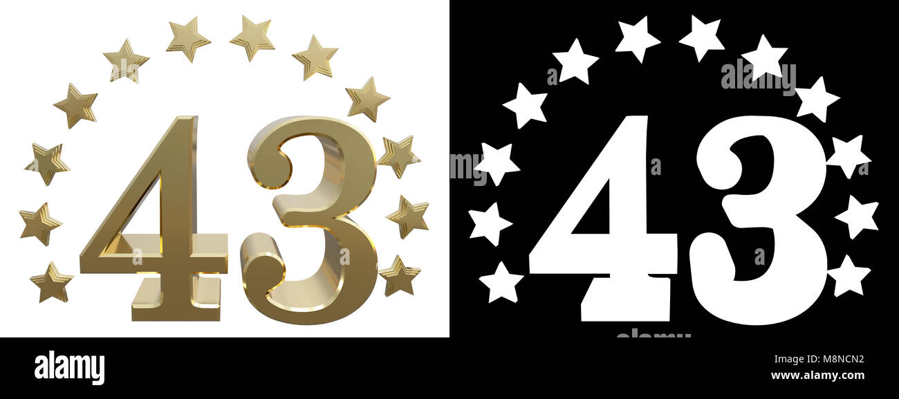 Gold number forty three, decorated with a circle of stars. 3D ...