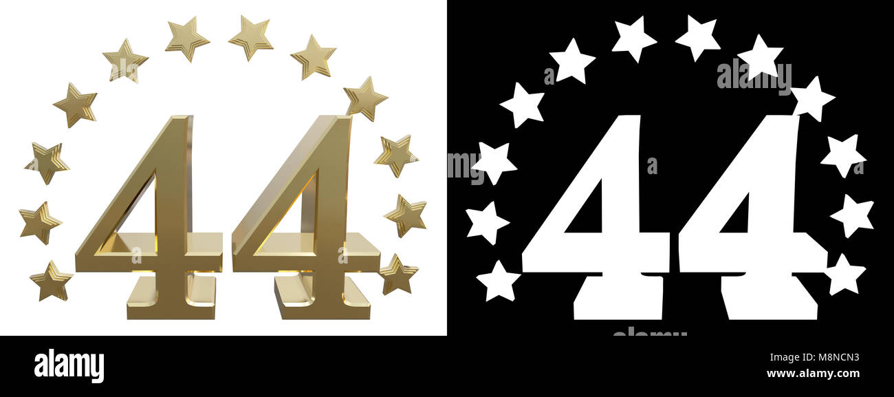 Gold number forty four, decorated with a circle of stars. 3D ...