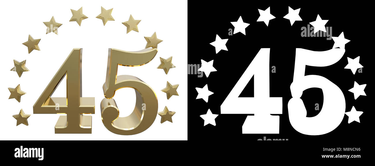 Gold number forty five, decorated with a circle of stars. 3D ...