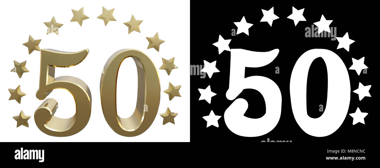 Gold number fifty, decorated with a circle of stars. 3D illustration ...