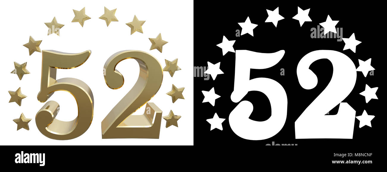 Gold number fifty two, decorated with a circle of stars. 3D ...