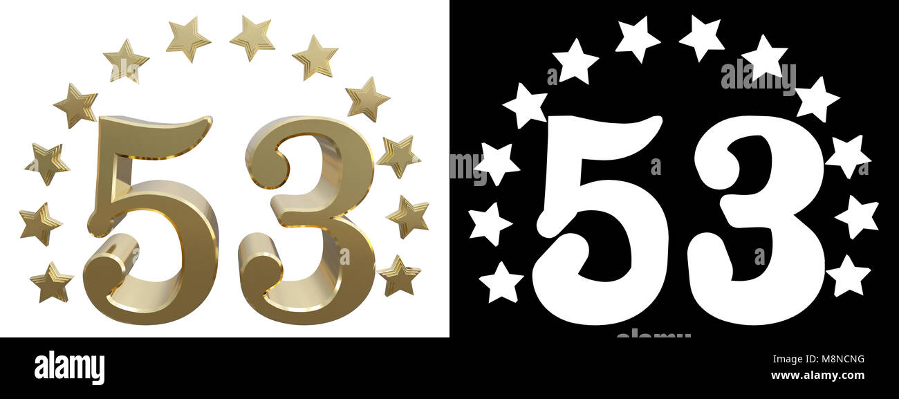 Gold number fifty three, decorated with a circle of stars. 3D ...