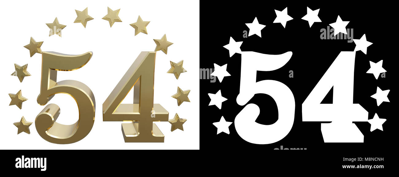 Gold number fifty four, decorated with a circle of stars. 3D ...