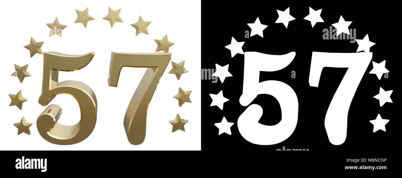 Gold number fifty seven, decorated with a circle of stars. 3D ...