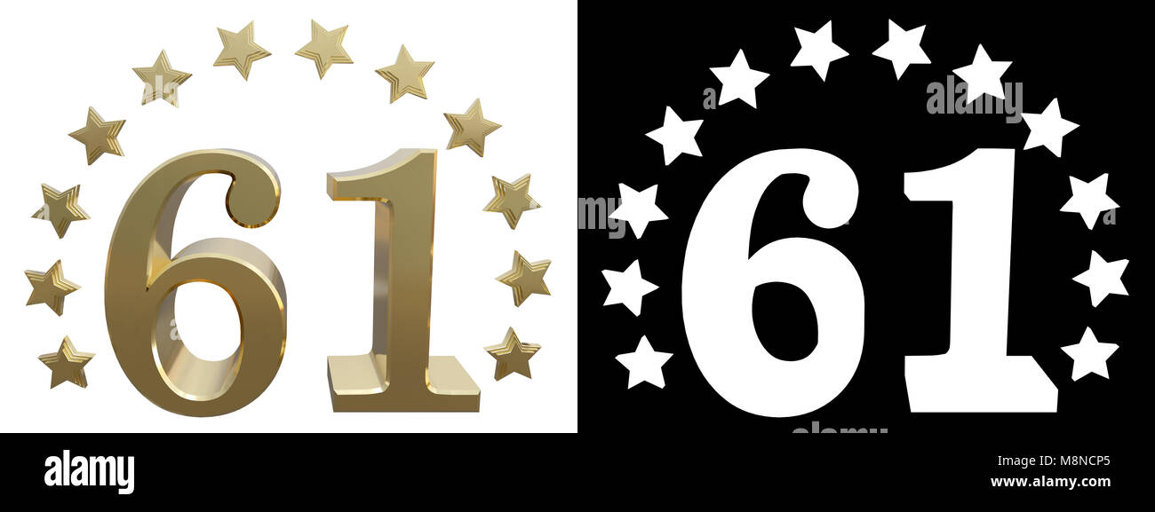 Gold number sixty one, decorated with a circle of stars. 3D ...