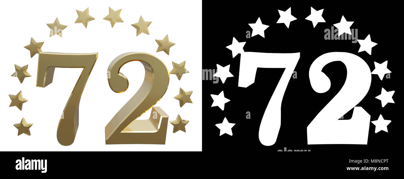 Gold number seventy two, decorated with a circle of stars. 3D ...