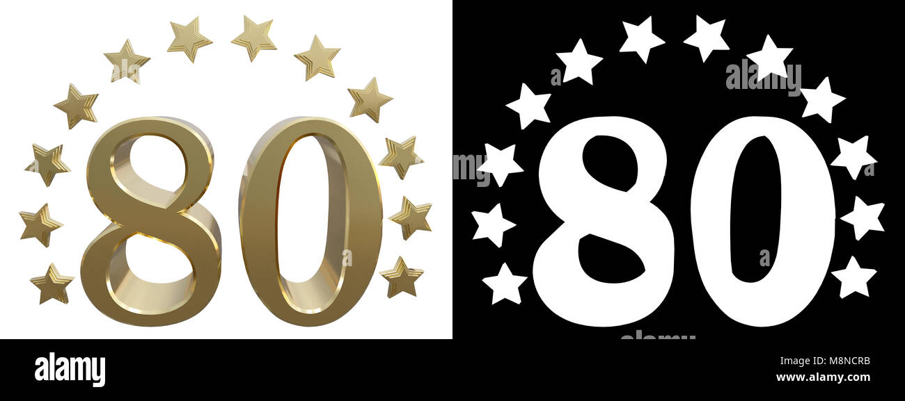 Gold number eighty, decorated with a circle of stars. 3D illustration ...