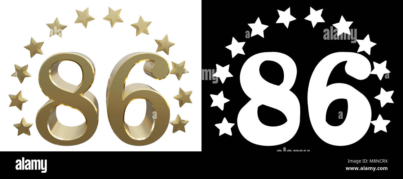 Gold number eighty six, decorated with a circle of stars. 3D ...