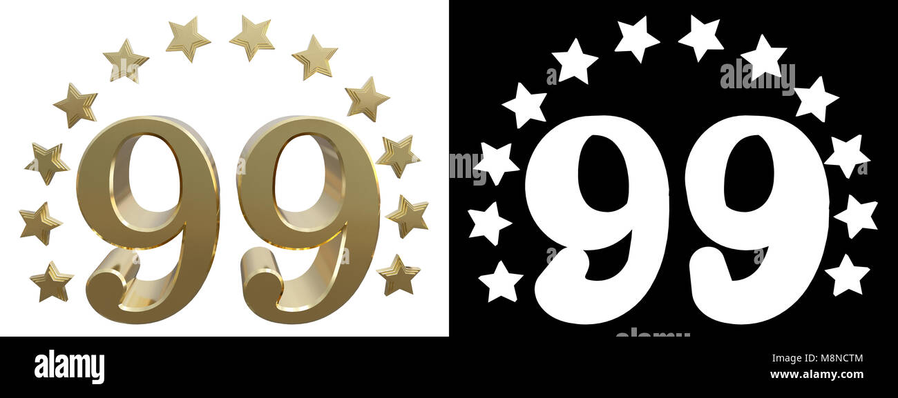 Gold number ninety nine, decorated with a circle of stars. 3D ...