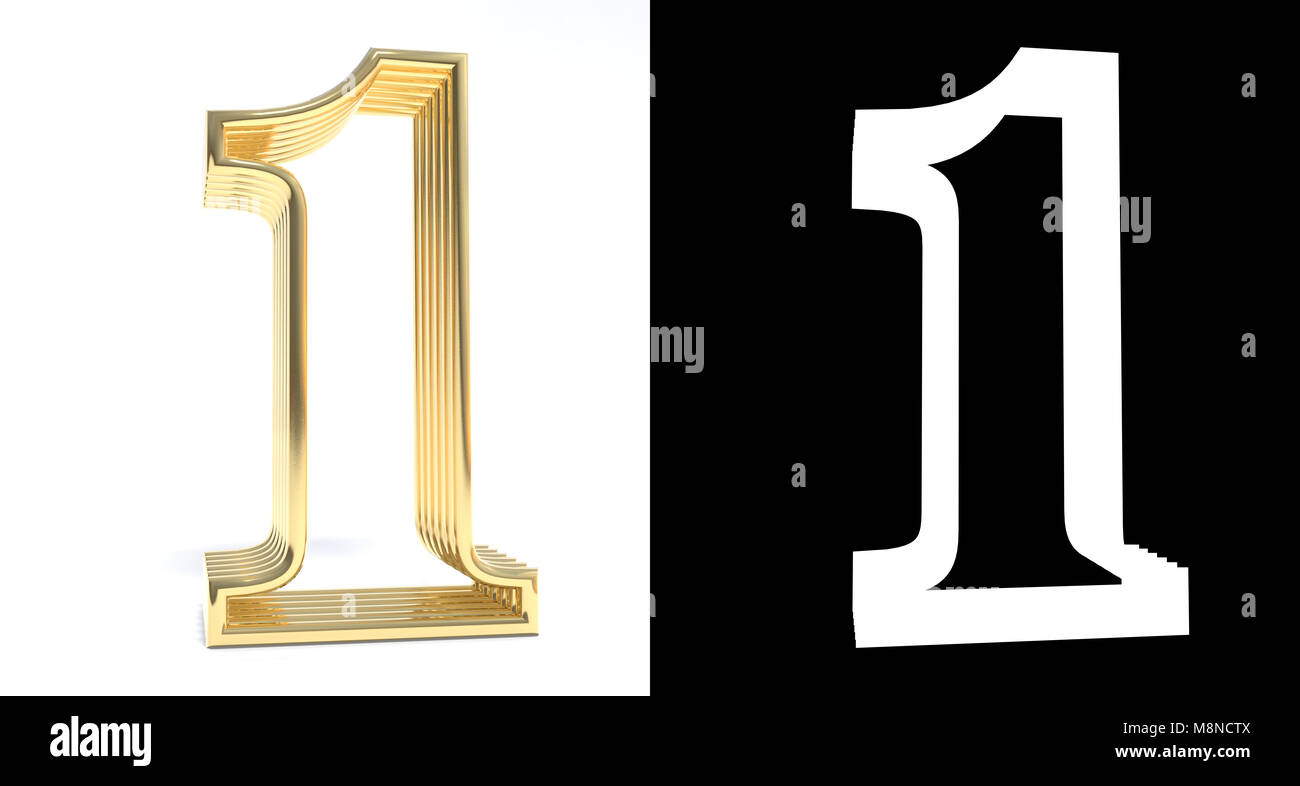 Golden number one on white background with drop shadow and alpha ...