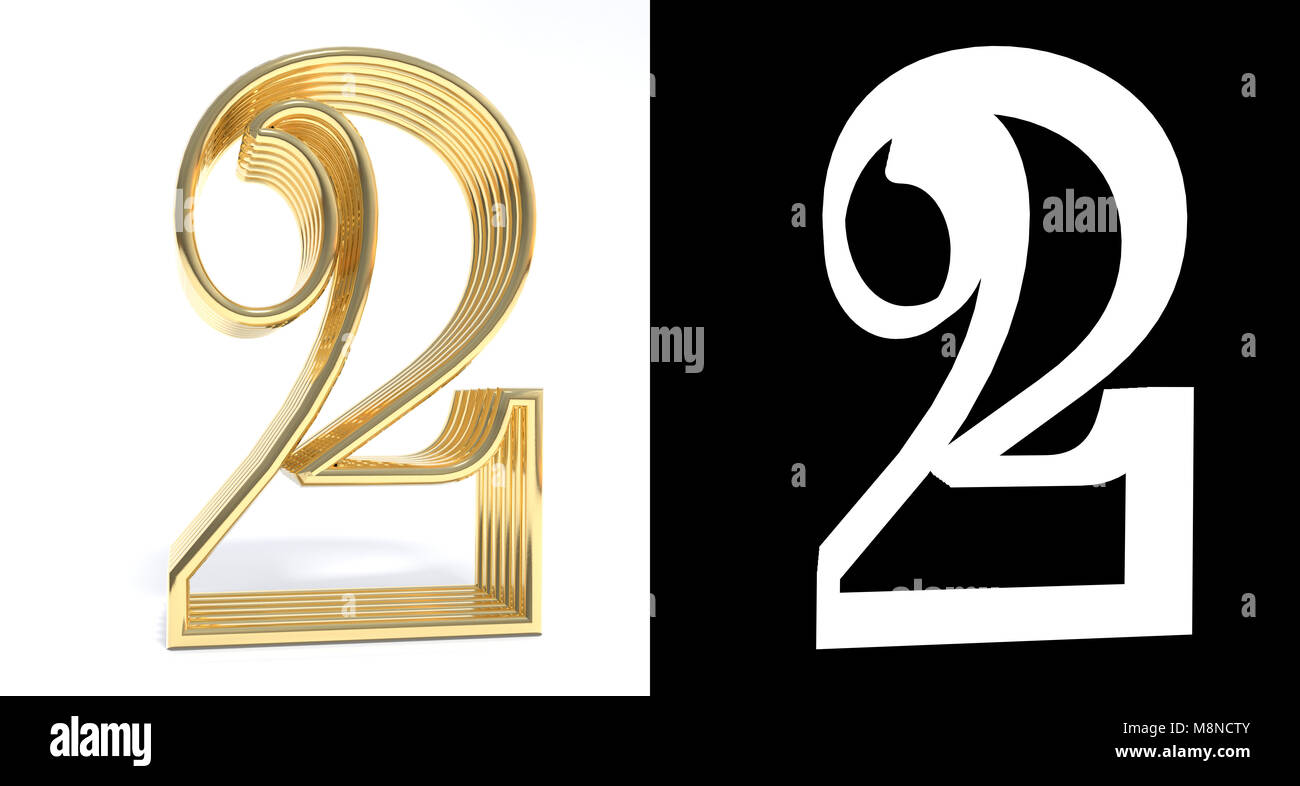 Golden number two on white background with drop shadow and alpha ...