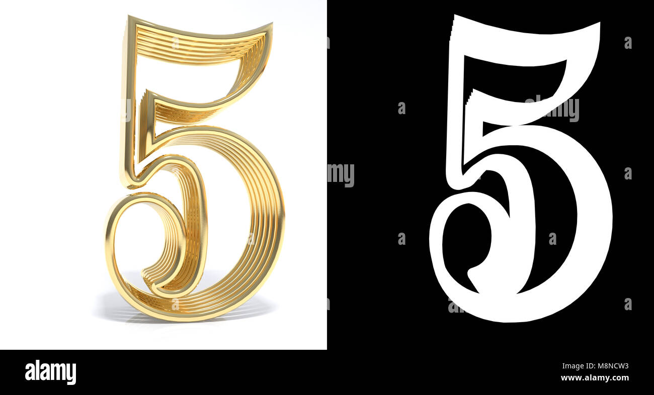 Golden number five on white background with drop shadow and alpha ...