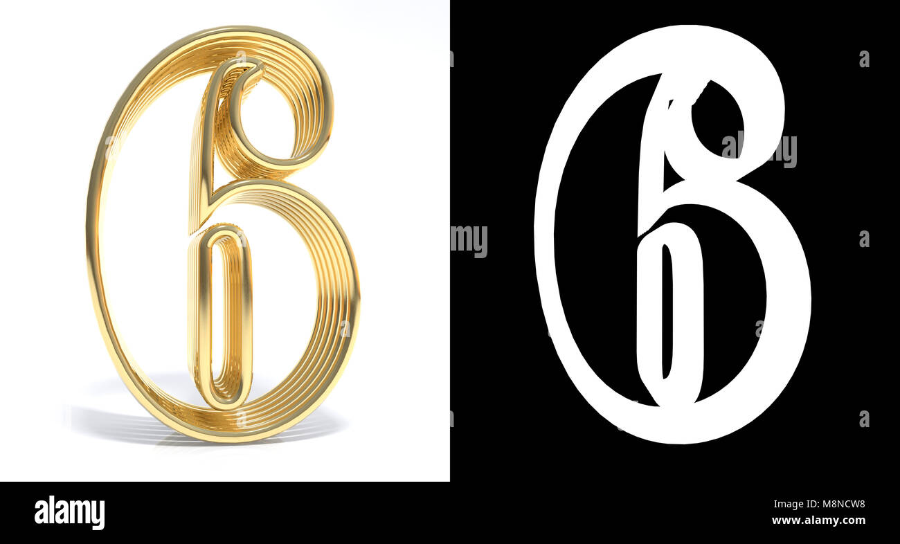 Golden number six on white background with drop shadow and alpha ...