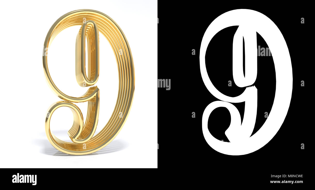 Golden number nine on white background with drop shadow and alpha ...