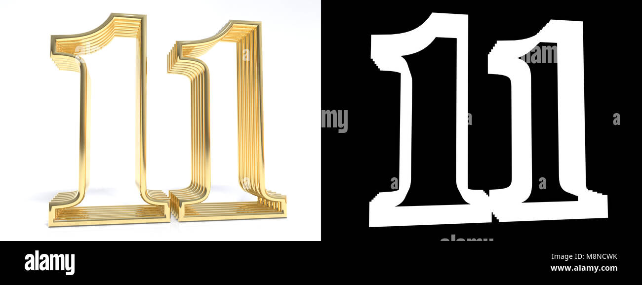 Golden number eleven on white background with drop shadow and alpha ...