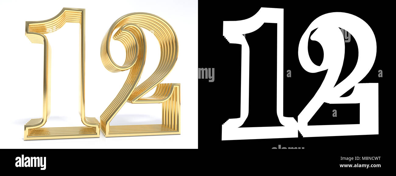 Golden number twelve on white background with drop shadow and alpha ...