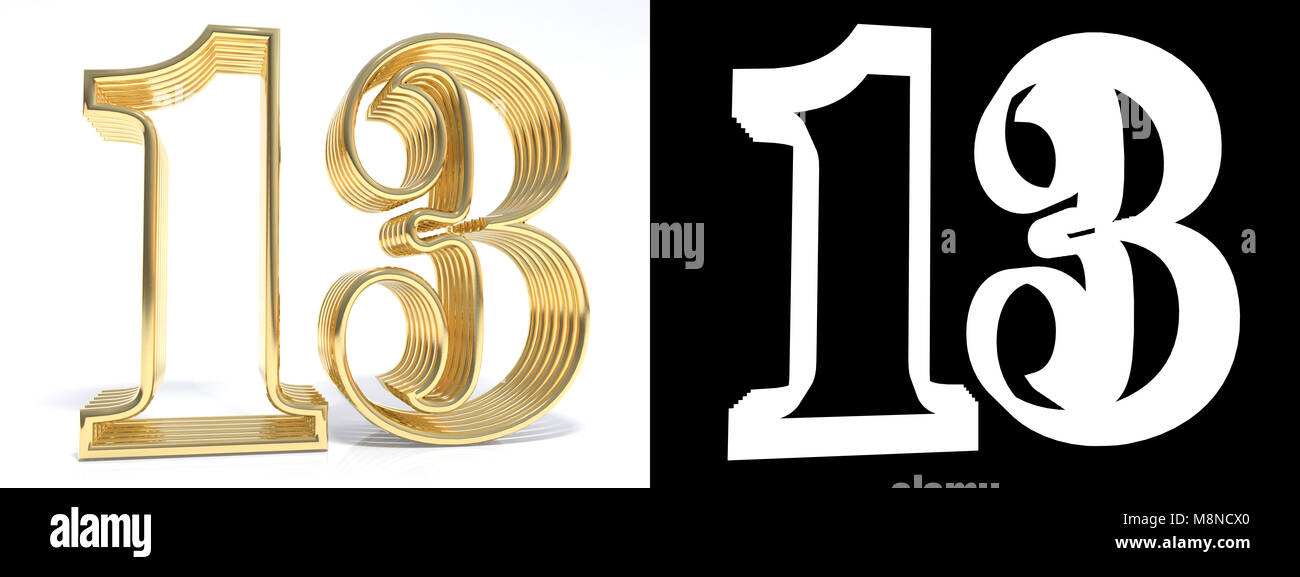 Golden number thirteen on white background with drop shadow and alpha ...