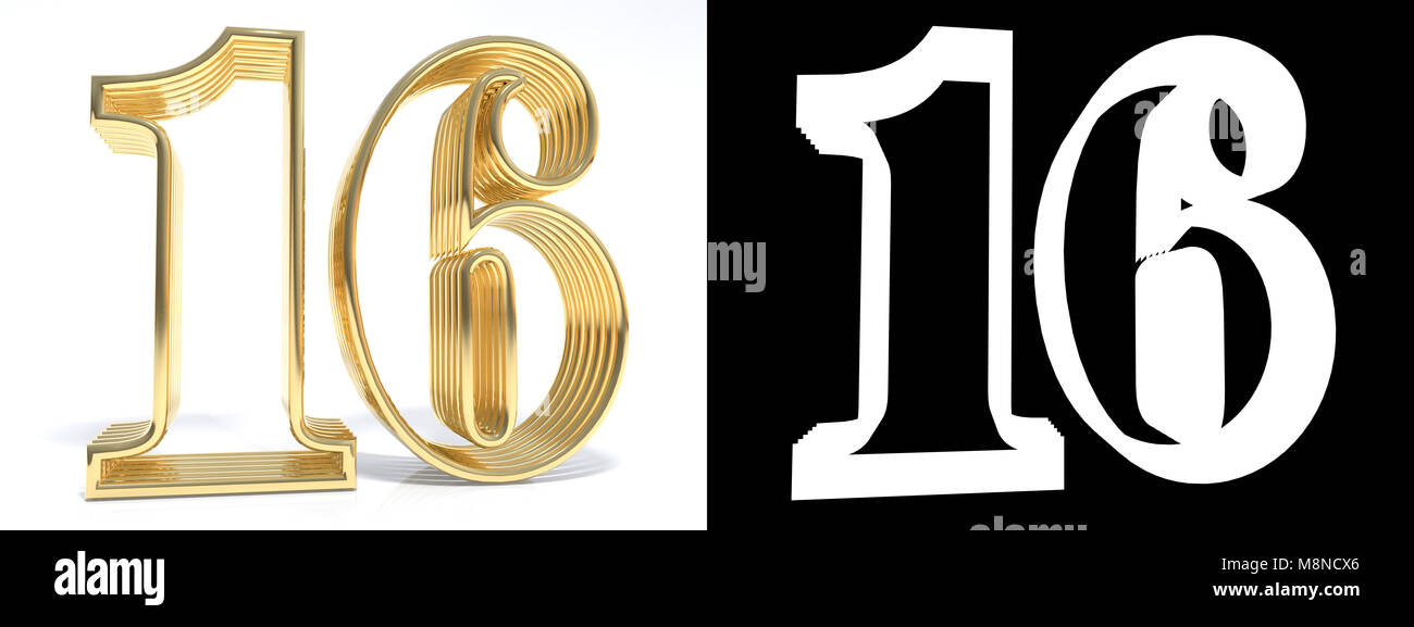 Golden number sixteen on white background with drop shadow and alpha ...