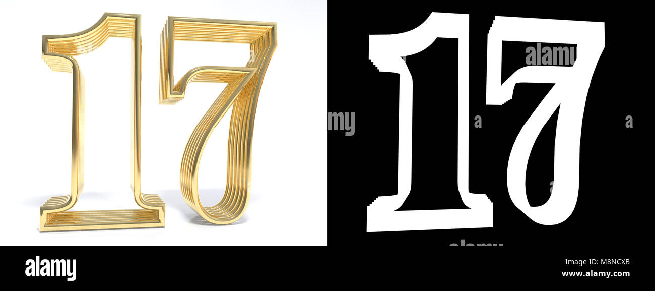 Golden number seventeen on white background with drop shadow and alpha ...