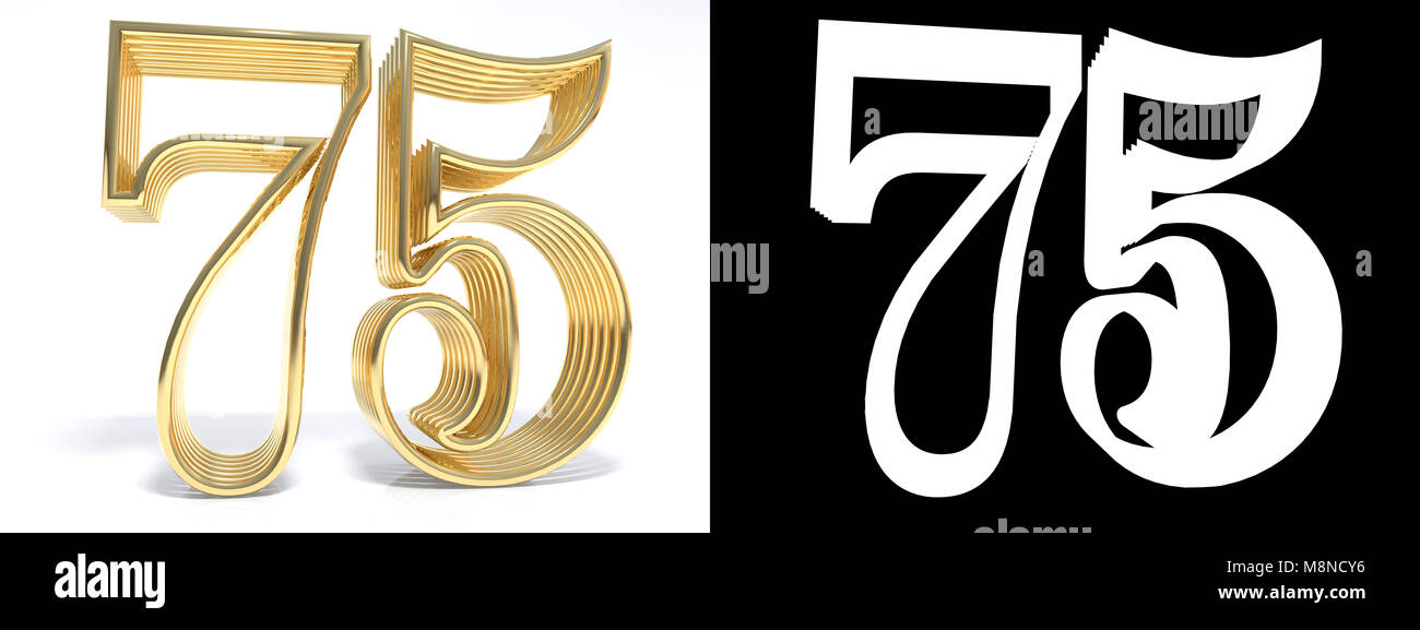 Golden number seventy five on white background with drop shadow and ...