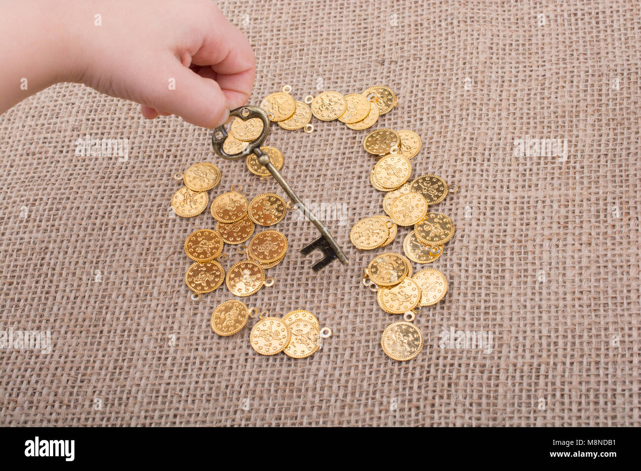 Hand holding a retro styled key over fake gold coins Stock Photo - Alamy
