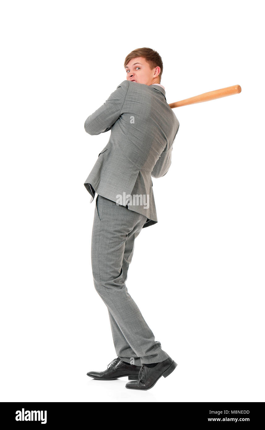 Anger man in suit with wooden baseball bat. Guy standing full length ...