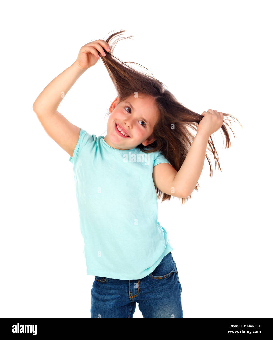 Crazy child girl pullin her hairs isolated on a white background Stock ...