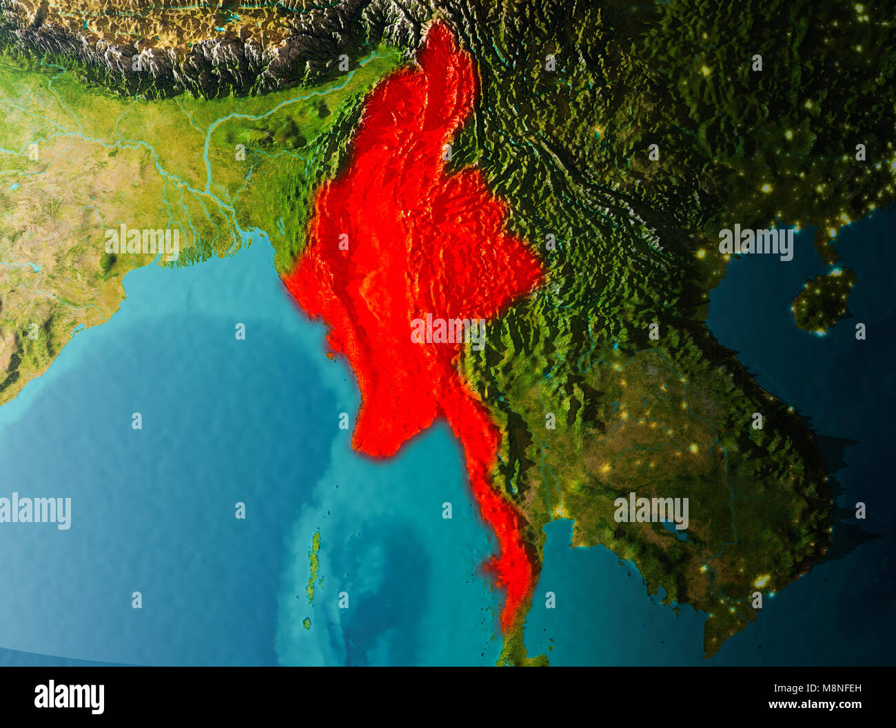 Myanmar in early morning light highlighted in red on planet Earth. 3D ...