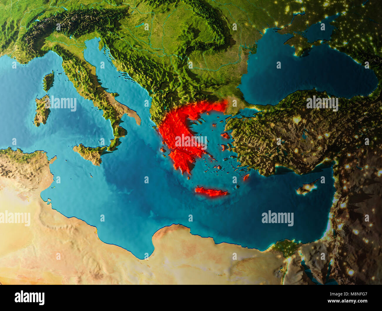 Highlighted Satellite Image Of Greece High Resolution Stock Photography ...